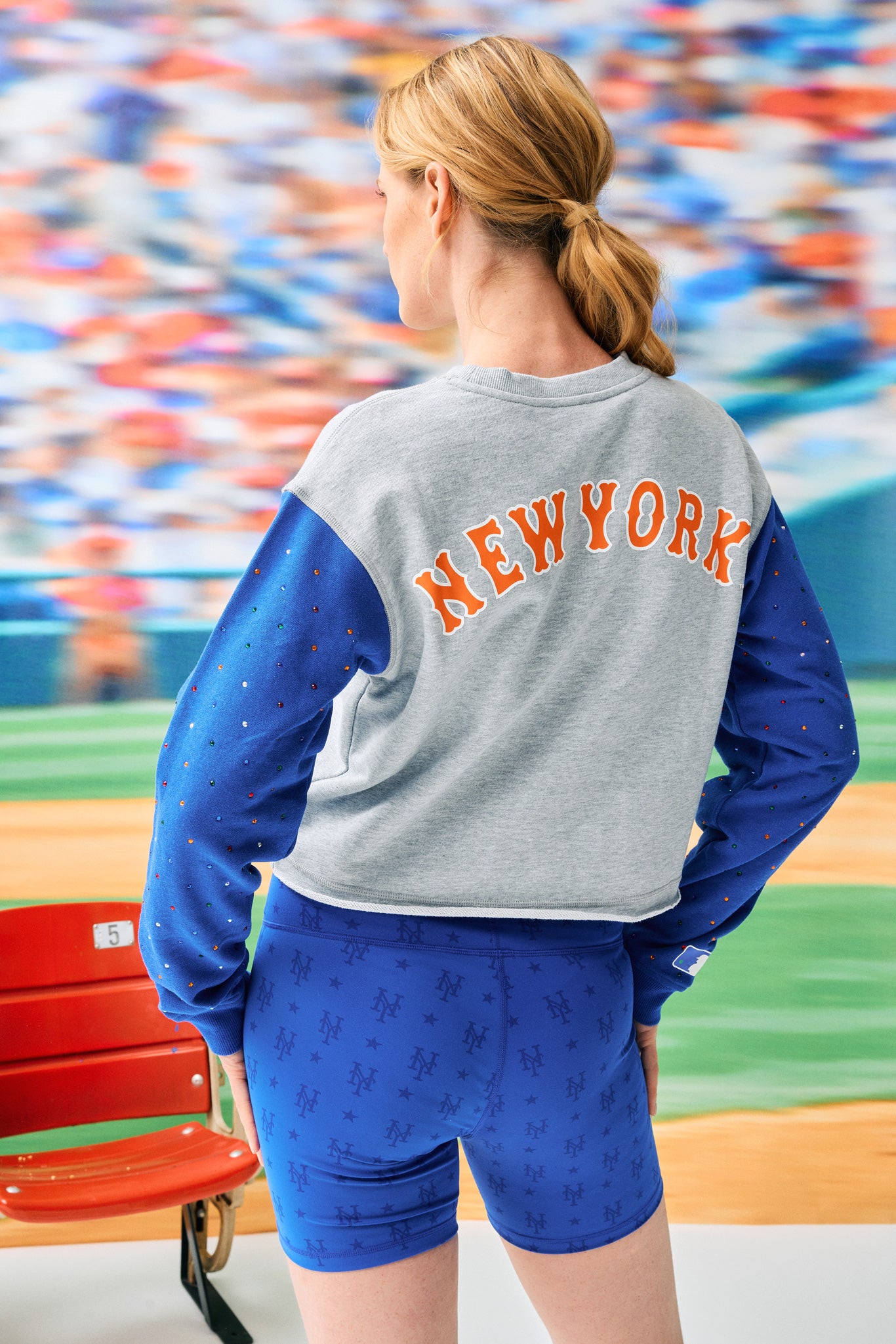 Mets Colorblock Raw Hem Gems Cropped Crew in Blue – Terez.com