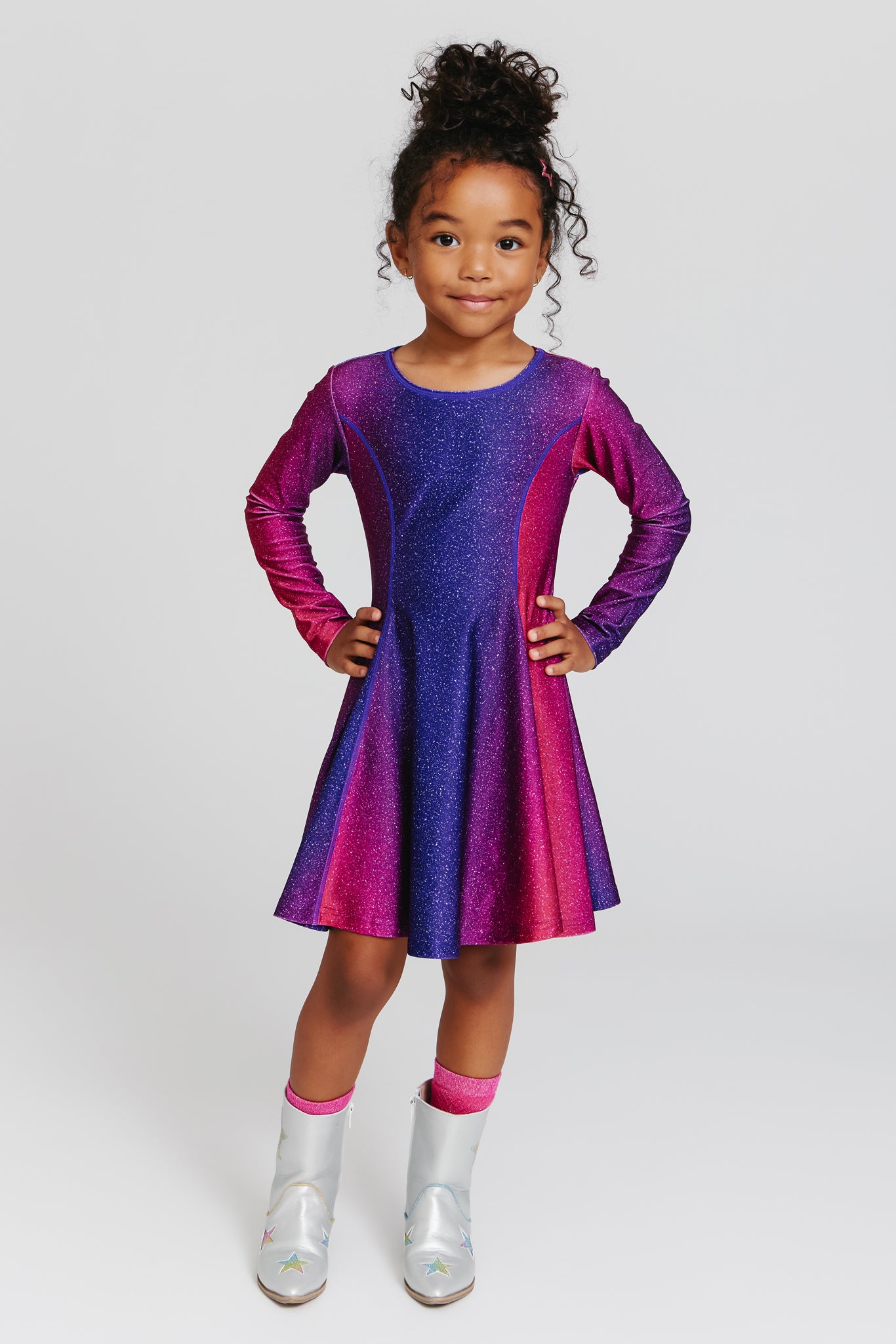 Kids Hi-Shine Long Sleeve Skater Dress in Jewel Glitter – Terez.com