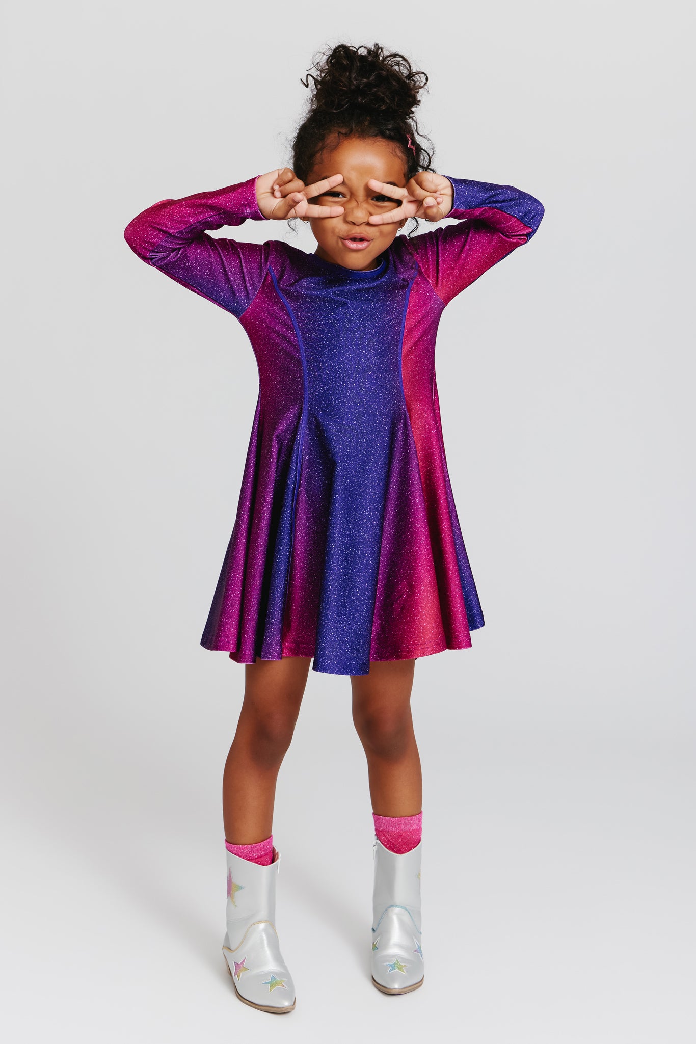 Kids Hi-Shine Long Sleeve Skater Dress in Jewel Glitter – Terez.com