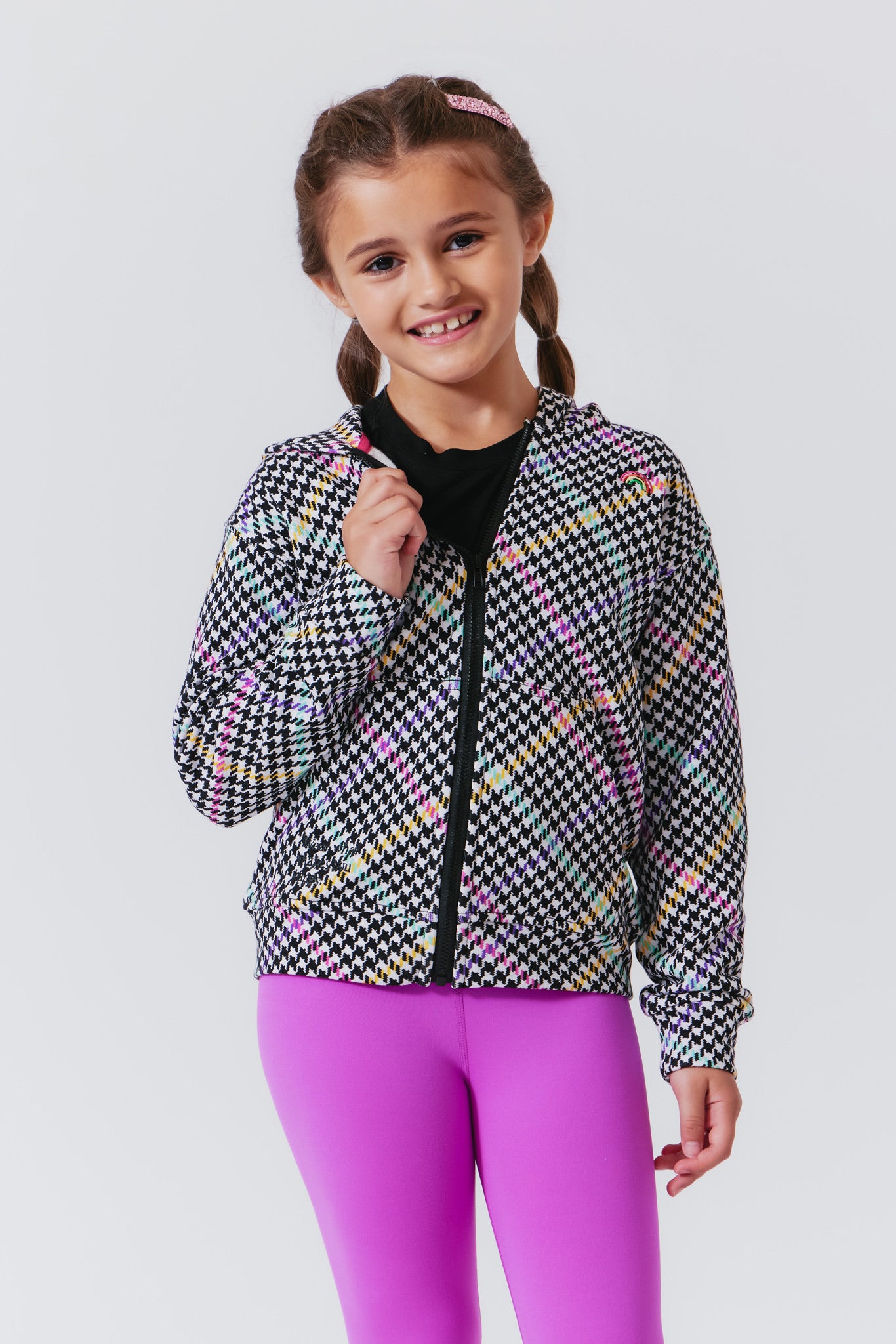 Girls Oversized Zip Hoodie in Rainbow Stripe Houndstooth – Terez.com