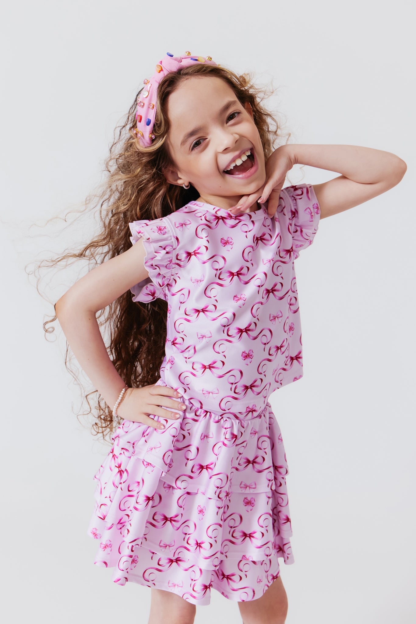 Girls Hi-Shine Ruffle Crop Top in Pink Bows – Terez.com